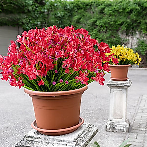 GREBOU 10 Bundles Artificial Daffodils Flowers Faux Plastic Lotus Shrubs UV Resistant No Fade Faux Greenery for Bridal Bouquet Home Garden Hanging Planter Porch Patio Office Wedding Decoration(Red)