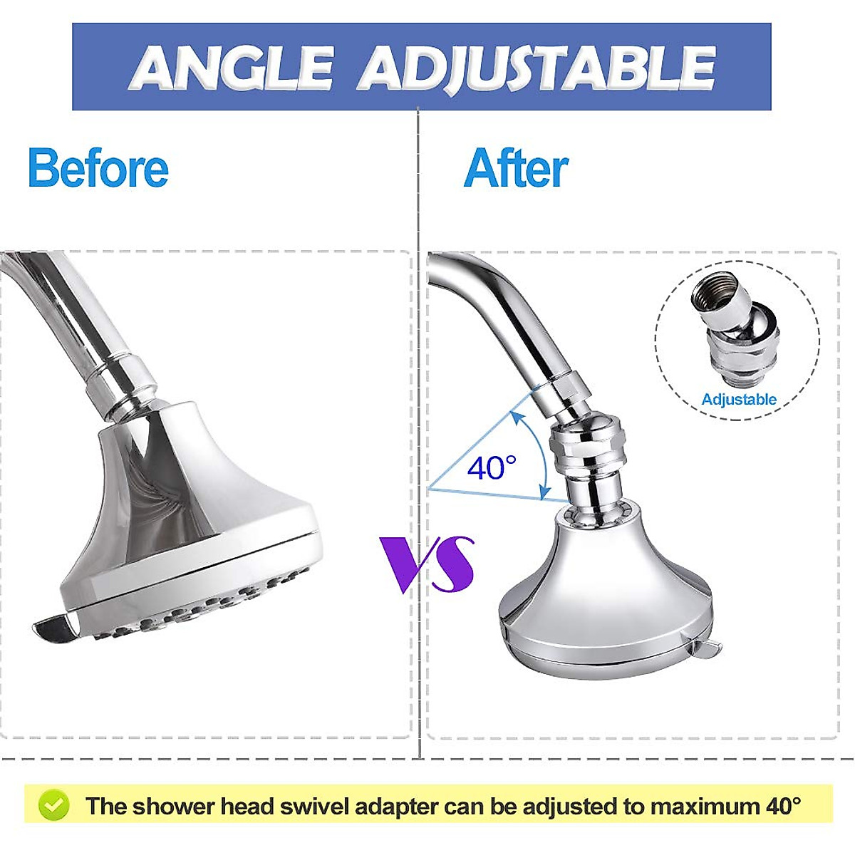 Shower Head Swivel Ball Adapter Brass Adjustable Shower Arm Connector Universal Showering Component Shower Arm Extension, Polished Chrome