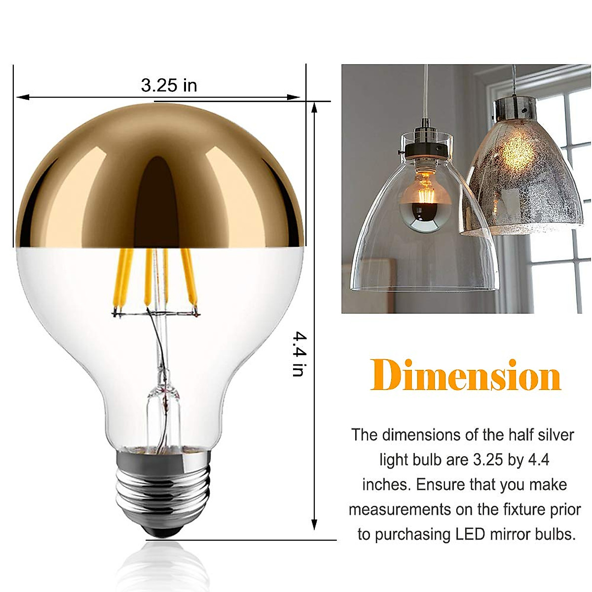 KarlunKoy Half Chrome Light Bulbs,Dimmable 6W (Eqv. 60W) Anti-Glare LED Light Bulbs,Soft White 2700K,G80/G25 Globe Light Bulb Half Gold Dipped,Decorative Mirror,E26 Base for Vanity (Pack of 1)