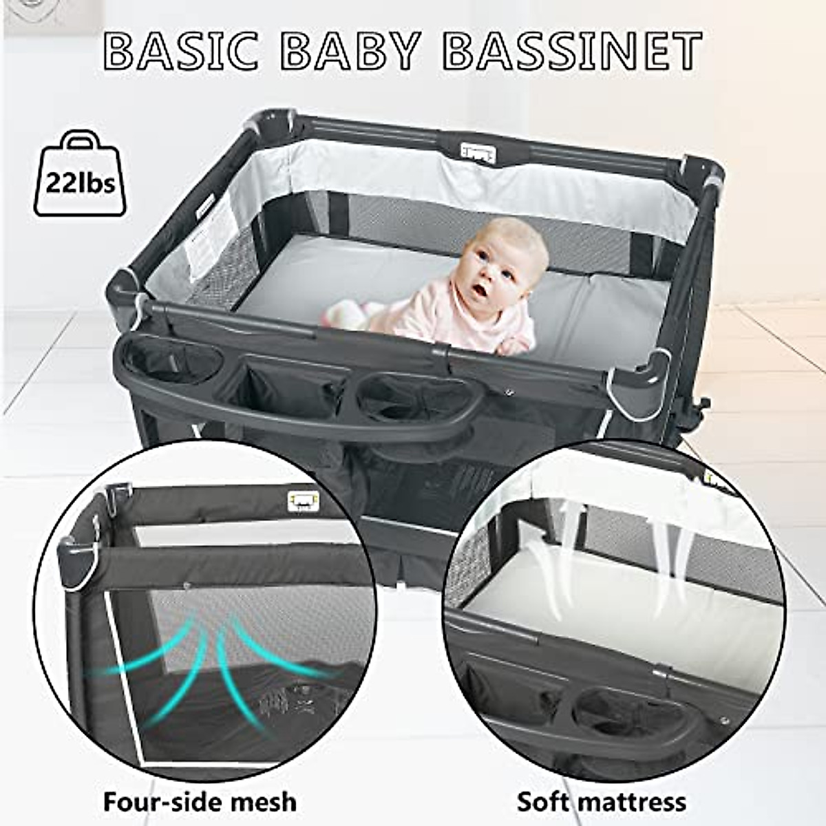 Kinder King 5 in 1 Portable Nursery Center, Foldable Playard for Baby & Toddler, Infant Pack n Play w/Bassinet, Mattress, Newborn Changing Table, Cradle, Travel Bag, Music Box, Storage Basket, Grey