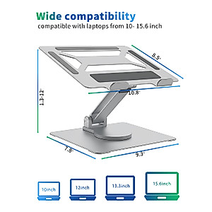 SOUNDANCE Adjustable Laptop Stand with 360° Rotating Heavy Base, Ergonomic Laptop Riser for Desk, Stable Laptop Holder for Collaborative Working, Suit for 10-15.6" PC Computer, Single Shaft, Silver