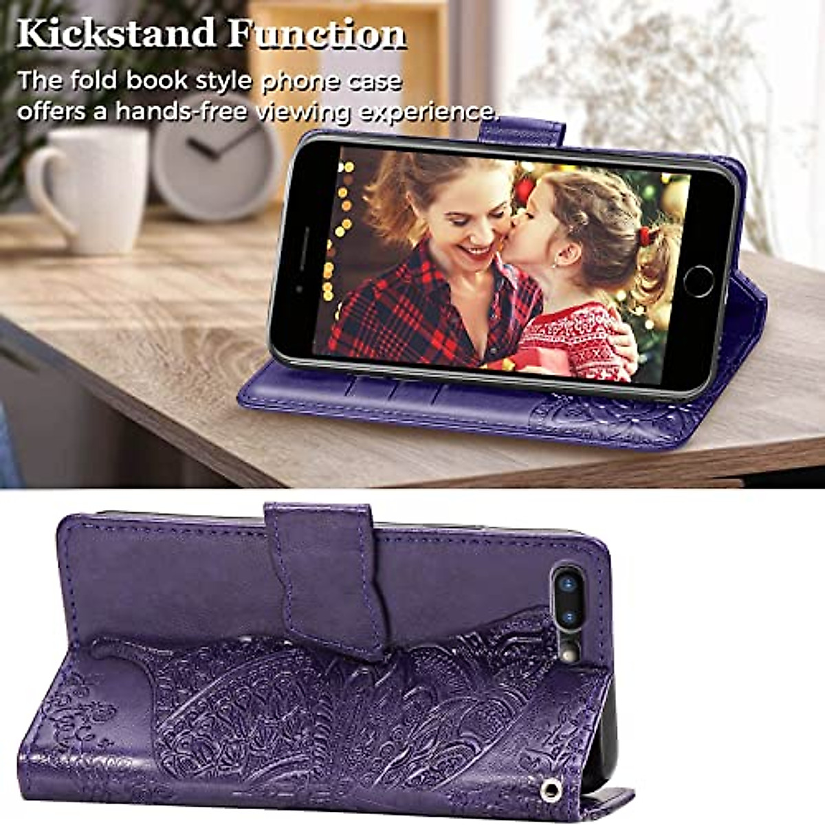 KRHGEIK Designed for iPhone 8 Plus/iPhone 7 Plus Case,PU Leather Wallet Phone Case with Butterfly Embossed Stand Card Slots Flip Cover for iPhone 7 Plus/8 Plus/6 Plus/6S Plus,5.5"(Purple)