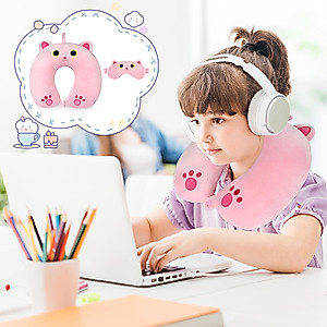 Prewplam Travel Neck Pillow for Kids, Cute Cat Pillow with Eye Mask for Sleeping Journey, U-Shaped Neck Pillow for Traveling,Rest Neck Support for Long Flights Cars,Birthday Gifts(Pinks)