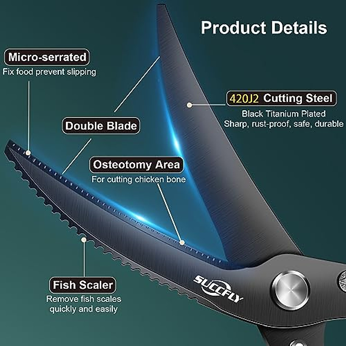 Premium Kitchen Shears Heavy Duty, Kitchen Scissors Stainless Steel, Black Titanium Plated Ultra Sharp Food Scissors, Poultry Shears for Bone, Chicken, Meat, Fish, Anti-Slip Handle & Spring Loaded