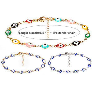 DIJUGS 3 Pcs Evil Eye Bracelet for Women Men18K Gold Plated Stainless Steel Handmade Adjustable Amulet Evil Eyes Jewelry for Family Best Friends Gifts (3 pcs, gold,steel,Colorfule)