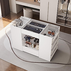 LIVAUVEAD Closet Island with Drawers, Wardrobe Armoire Bedroom Island, Glass Display Shelf & 12 Drawers, White Dresser with Glass Top, Walk-in Closet Island for Bedroom, Cloakroom