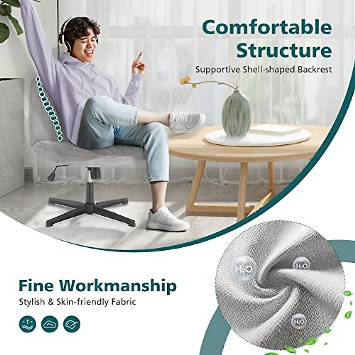 Criss Cross Chair No Wheels, Swivel Criss Cross Legged Chair, Modern Fabric Vanity Chair, Height Adjustable Wide Armless Chair for Small Spaces (Grey)