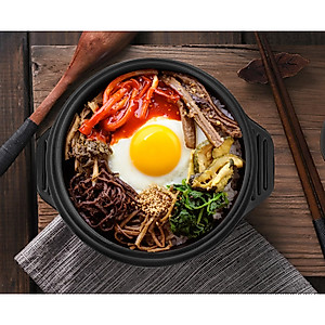 laffoonparts Korean Cooking Stone Pot Set, Premium Ceramic, D 6.3'' Stone Bowl Sizzling for Bibimbap and Soup, Korean Bibimbap Pot w/Tray & Stainless Steel Spoon No Lid