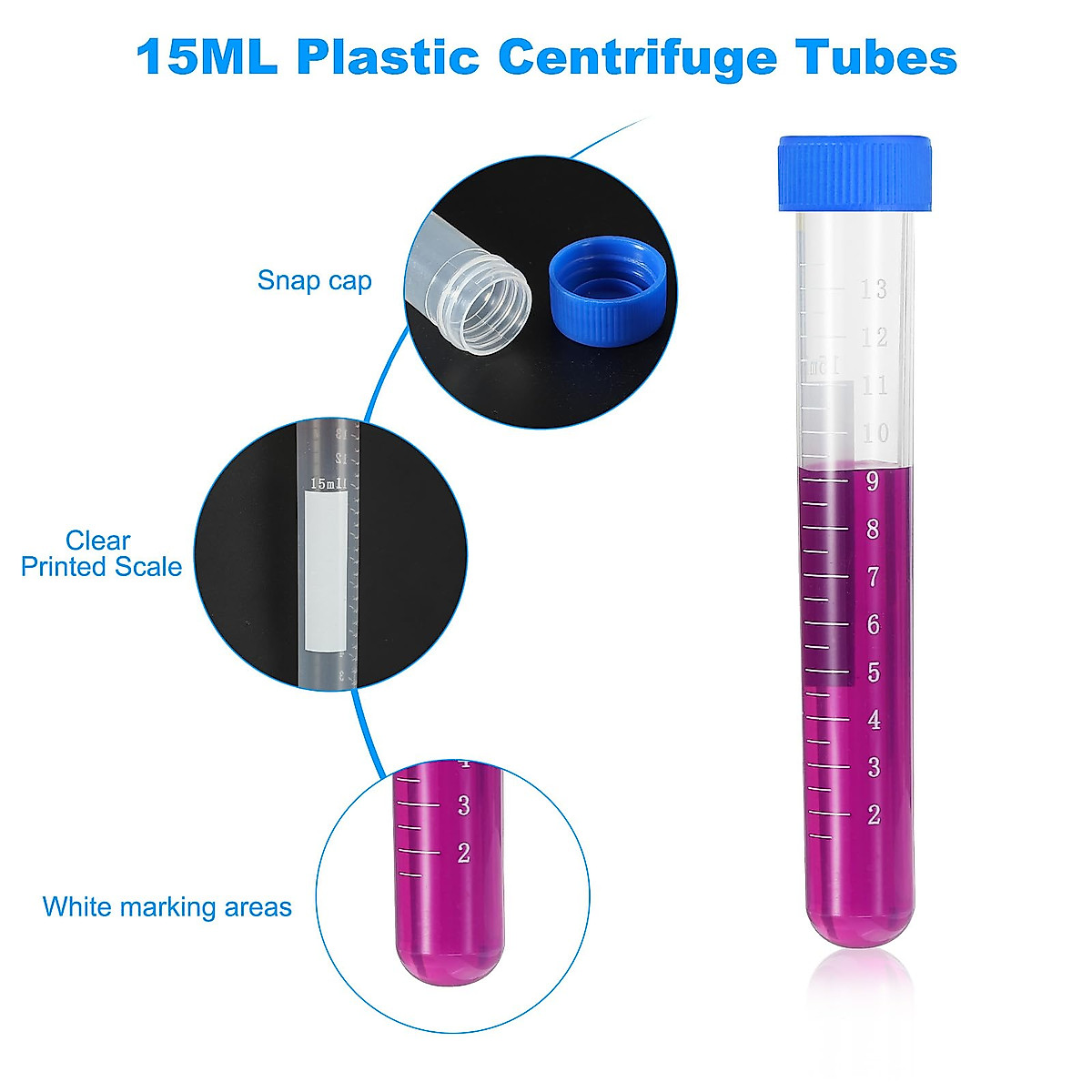 PATIKIL 15ML Plastic Centrifuge Tubes, 20 Pcs Round Bottom Centrifuge Tube with Blue Screw Caps and Graduated Marks Writing Area for Laboratory Liquid