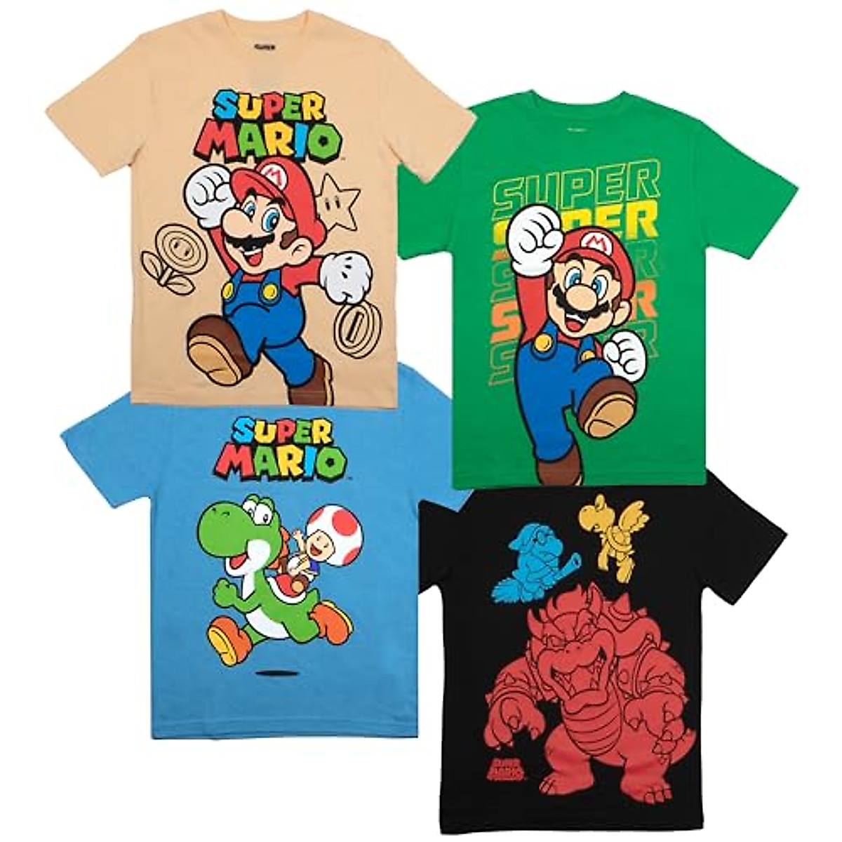 Nintendo Super Mario Bros Boys 4-Pack Short Sleeve T-Shirt Bundle Set for Kids (Size 7, Black/Green/Beige/Blue)