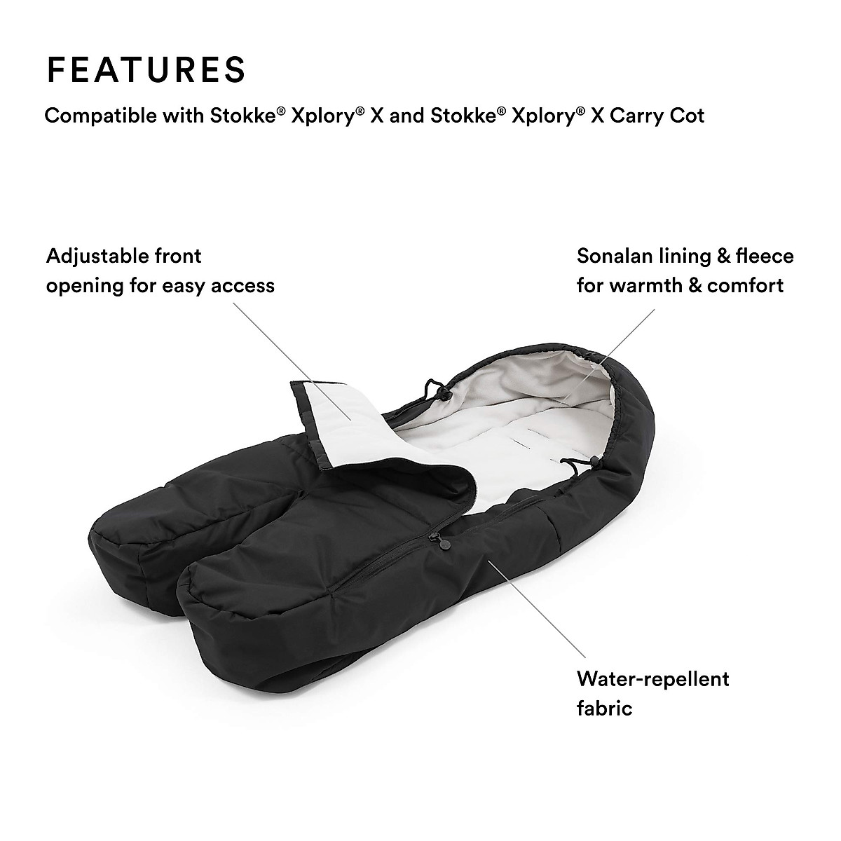 Stokke Xplory X Foot Muff, Rich Black - Keeps Baby Warm on Cool Weather Strolls - Sonalan Lining & Fleece + Water-Repellent Exterior - Adjustable Front Opening