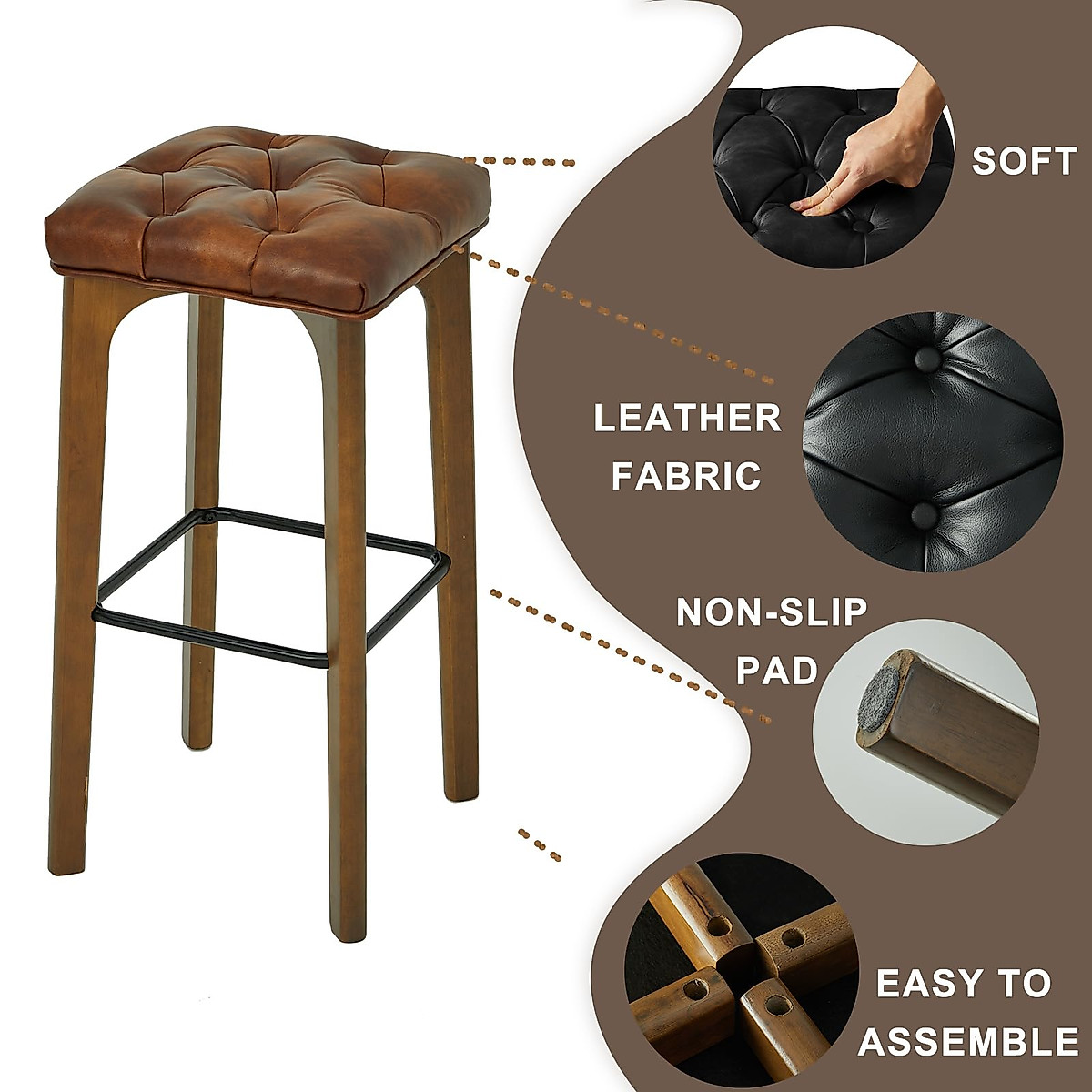 BarEasy Bar Height Stools, 2pcs Leather Wood Bar Stoolst for Kitchen Island(Brown) 1
