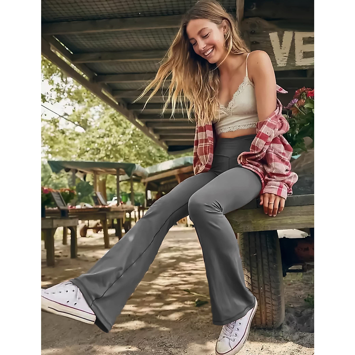 VICUR Women's Flare Yoga Pants V Crossover High Waisted Yoga Pants Non See Through Bootleg Yoga Leggings Grey-XS