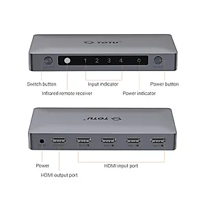 TOTU HDMI Switch 4 Ports (4 x 1) 4K 60Hz HDMI 2.0 Switcher with IR Remote Control Support HDR & HDCP 2.2 Pass-Through & 3D &Full HD 1080P, Compatible for PS3/PS4, Xbox 360/One, HDTV, Blu-Ray Player