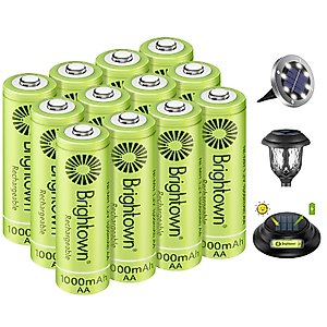 Brightown 12-Pack Rechargeable AA Batteries - 1000mAh 1.2V NiMH High Capacity Batteries - Ideal for Solar Lights & Home Devices, Recharge up to 1000x Times, Pre-Charged