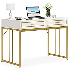 LITTLE TREE 47’’ Computer Desk with 2 Drawers, White Gold Writing Desk Make Up Vanity Table