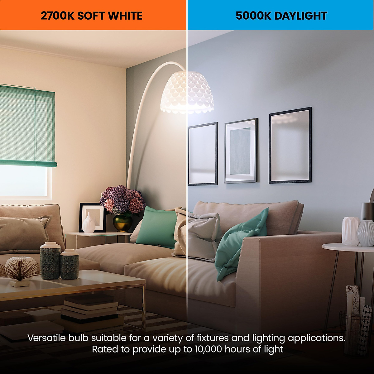 Feit Electric A19 LED Light Bulb, 60W Equivalent, Dimmable, 800 Lumens, E26 Medium Base, 5000K Daylight, CRI 90, 25,000 Hour Lifetime, UL Listed, Damp Rated, 4 Pack, OM60DM/950CA/4