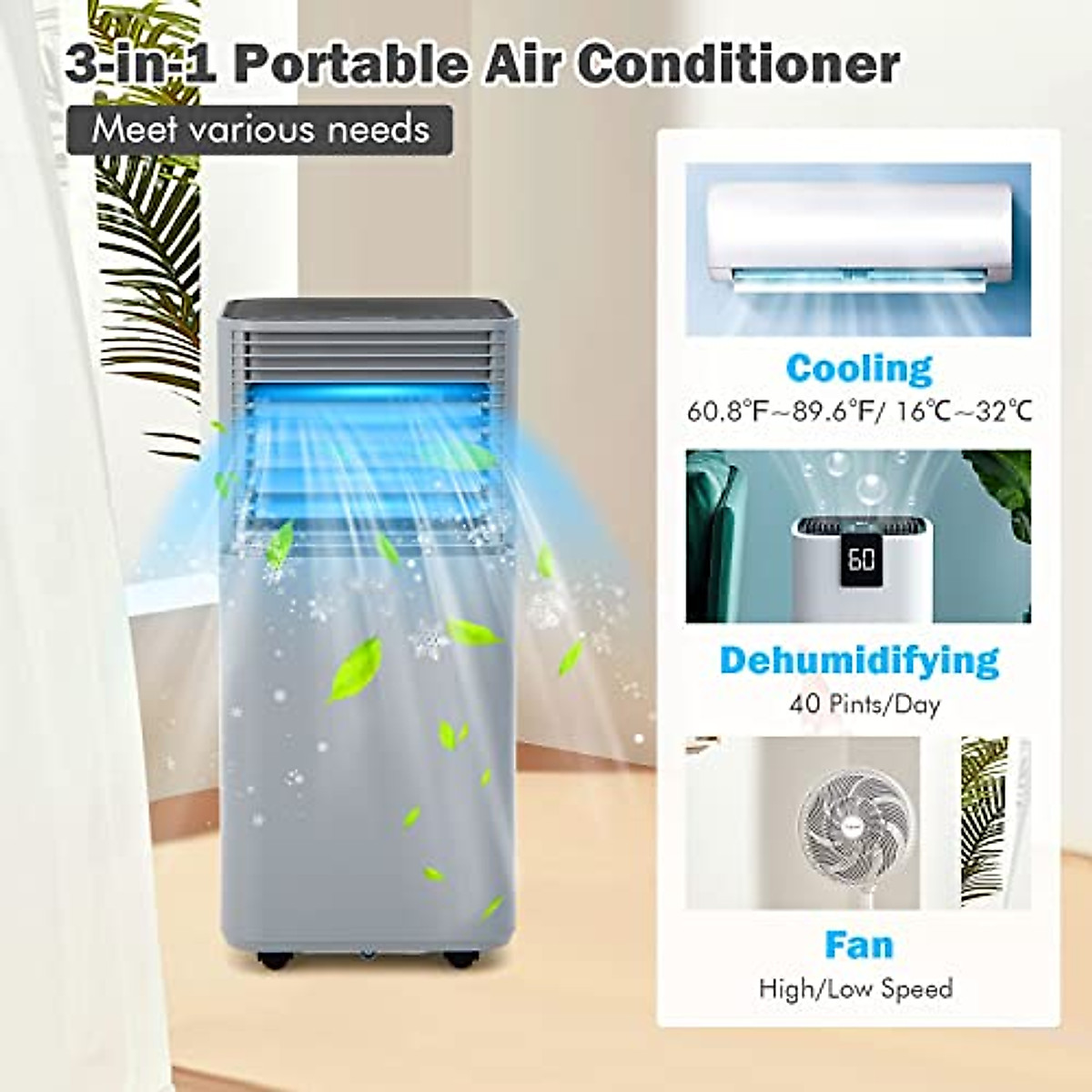 PETSITE Portable Air Conditioner, 8000 BTU AC Cooling Unit for Room, 3 in 1 AC Unit with Air Cooler & Fan & Dehumidifier Mode, Cools Up to 230 sq.ft (8000BTU, Grey)
