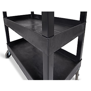 Stand Steady Tubstr 3 Shelf Utility Cart Supports Up to 375 lbs - Heavy-Duty Plastic Service Push Cart with Deep Shelves and 5" Casters, for Offices, Warehouse Storage, Garage (Black, 32 x 18 x 51)