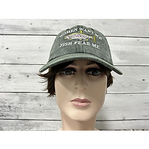 Shenbors Embroidered Women Want Me Fish Fear Me Hat for Men, Army Green Outdoors Fishing Snapback Dad Hat, Adjustable Baseball Cap