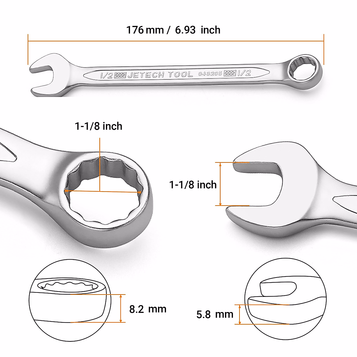 Jetech 1/2 Inch Combination Wrench, Industrial Grade Cr-V Steel Spanners with Precise 12 Point Opening, Off-Corners Design