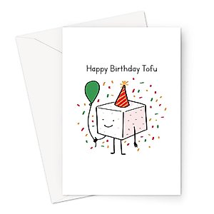 LEMON LOCO Happy Birthday Tofu Greeting Card |Birthday Card For Vegan, Silly Food Pun Birthday Card, Hand Illustrated Tofu In A Party Hat Birthday Card