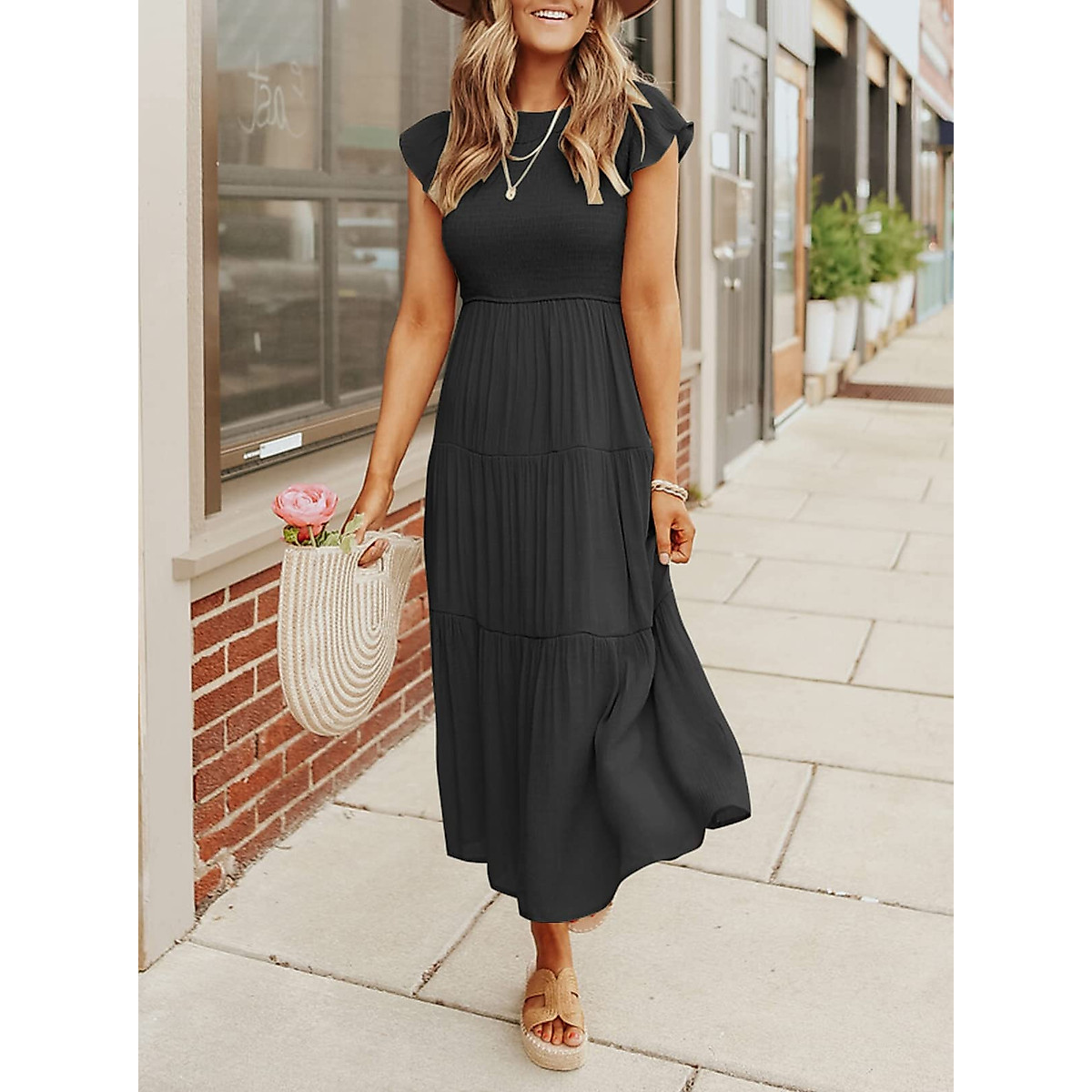 MEROKEETY Women's Summer Smocked Midi Dress Flutter Sleeve Elastic Waist Tiered Midi Long Dress,Black,XS