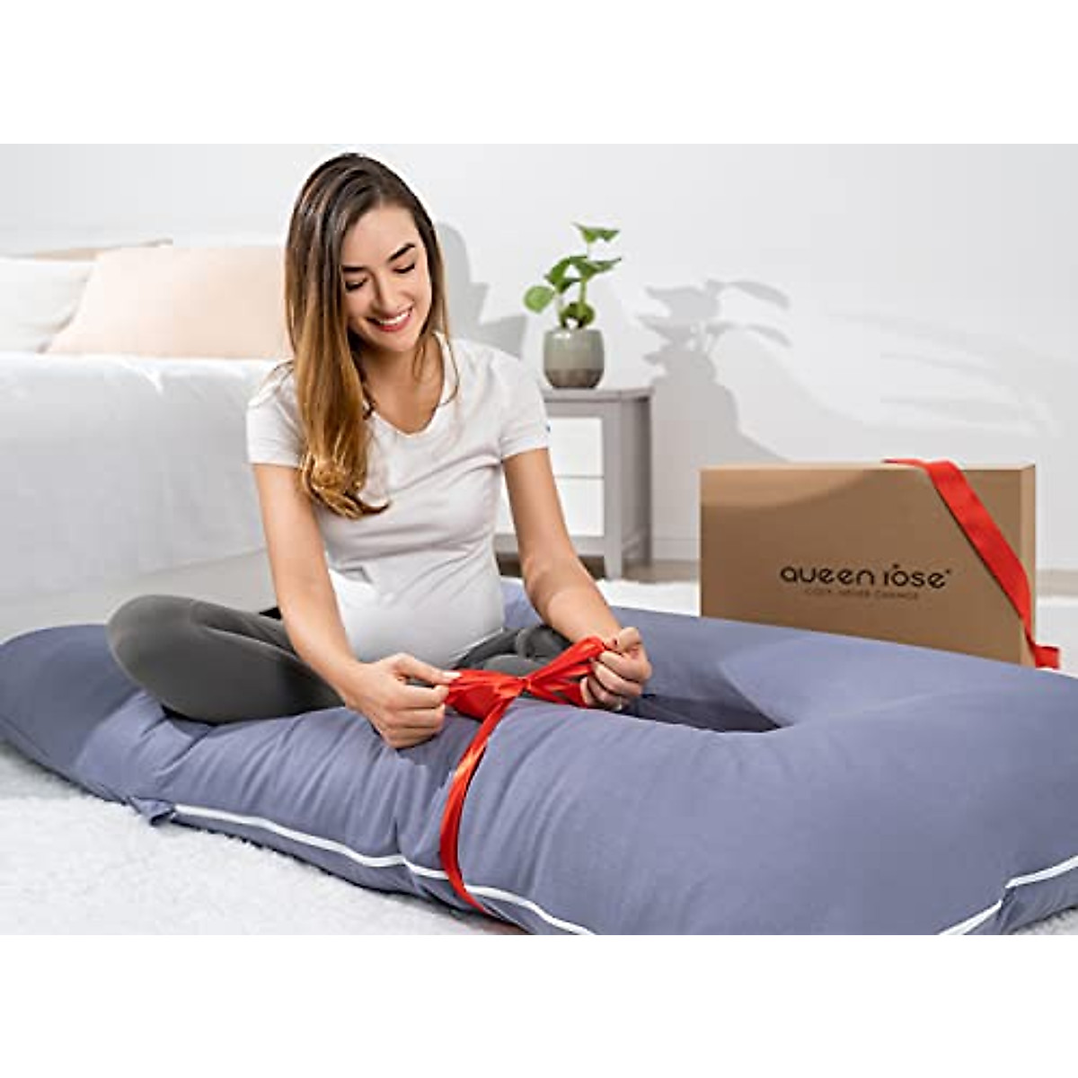 QUEEN ROSE Cooling Pregnancy Pillows, U Shaped Silky Maternity Pillow for Pregnant Women, 55 Inch Pregnancy Body Pillow for Sleeping, Back Pain Relief and Pregnant Legs, Hips, Belly Support, Blue