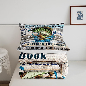 Bass Fish Fishing Theme Kids Comforter Set Queen Size,Lake House Cabin Camper Bedding Set,Girls Boys Adults Room Decor,Teal Wooden Plank Down Comforter,Rustic Farmhouse Duvet Insert,2 Pillowcases