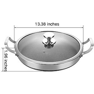CiCixixi Nonstick Skillet with Lid Pan,13.38 Inch Stainless Steel Pan,for Gas Electric Induction Ceramic Stoves and Oven Resistant,316 stainless steel (13.38-Inch)
