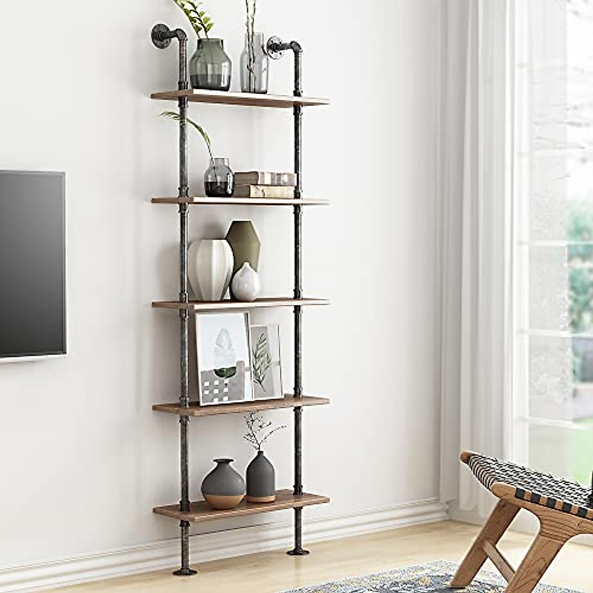 MCleanPin Industrial Shelves Ladder Bookshelves 73in Height 5 Tier Wall Mounted Bookcase, Display Storage Rack Plant Flower Stand Rustic Wood Shelves for Home Office, Bedroom, Kitchen,Living Room