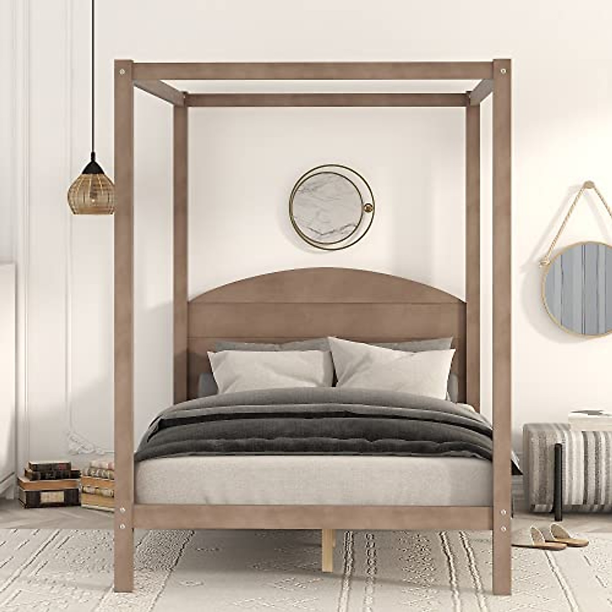 Canopy Bed Frame Full Wood 4-Poster Panel Beds Modern Full Size Platform Bed with Headboard, No Box Spring Needed, Brown Wash