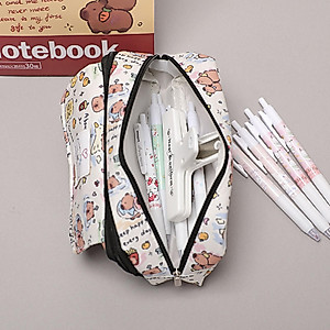 SNSDFEV Capybara Flip-Top Canvas Pencil Case, Extra Large Capacity Multi-Functional Stationery Organizer with Zipper Pocket & Charm, Portable Pencil Bag for Students, Boys & Girls