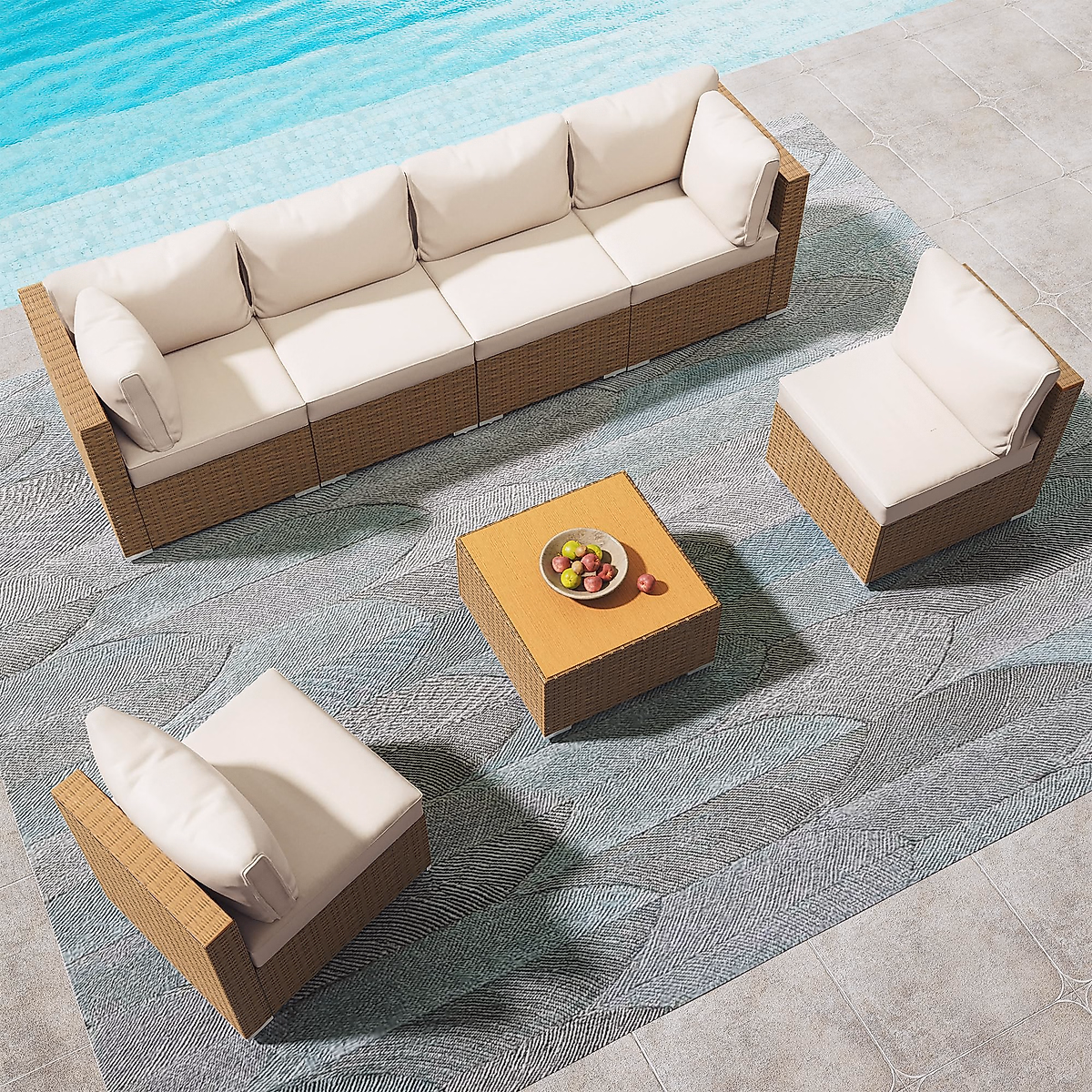 LAUSAINT HOME Outdoor Patio Furniture, 7 Piece Patio Furniture Set PE Rattan Sectional Conversation Sets with Thick Cushions & Wood-Like Coffee Table for Garden, Porch(Beige/Brown Wicker)