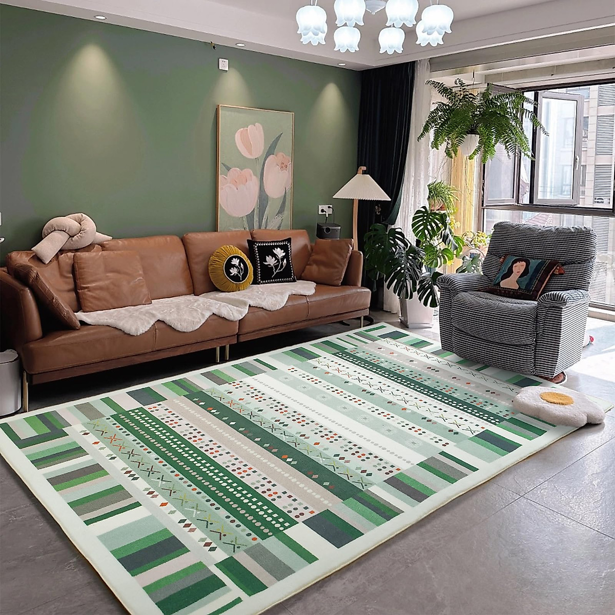 DweIke Large Fluffy Area Rugs for Living Room Bedroom, 5x7 Ft Thickened Memory-Foam Carpet, Machine-Washable Rug Suitable for Kids Girls Boys Bedroom Home Décor, Non-Slip Backing Rug, Green