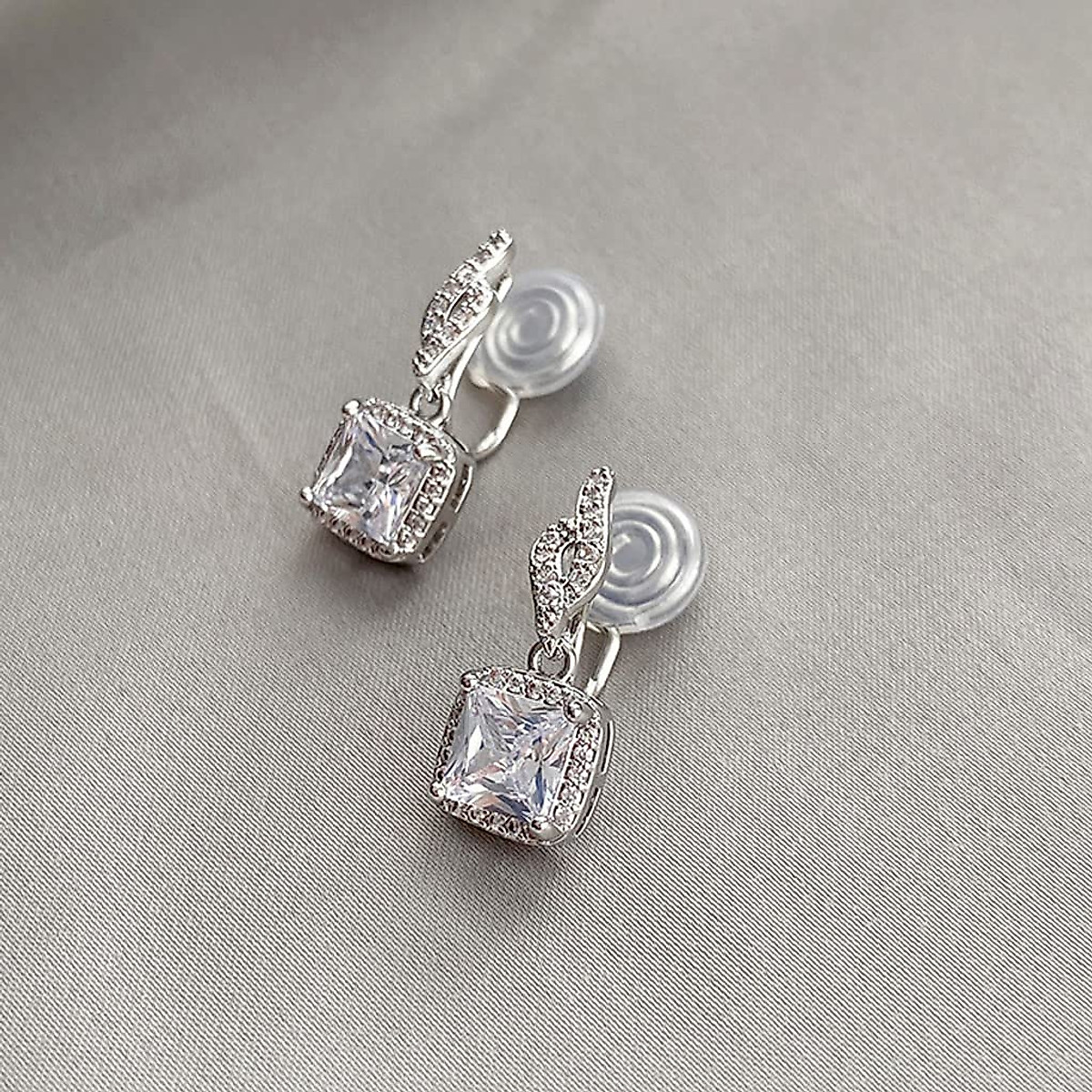 Soar-leap Silver Crystal Square Clip On Earrings Diamond Dangle Earrings for Women Girls Non Pierced for Brides Wedding Bridesmaid
