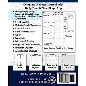 Complete Diabetes Journal with Food & Blood Sugar Log: Daily Blood Glucose Monitoring at Each Meal(Before/After) with Food, Nutrition, Medication/Insulin, Exercise, Activity Tracking & More