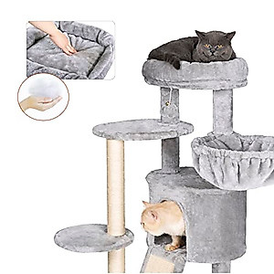 Hey-brother Cat Tree with Scratching Board, Cat Tower with Padded Plush Perch and Cozy Basket, Multi-Platform for Jump, Light Gray MPJ005W
