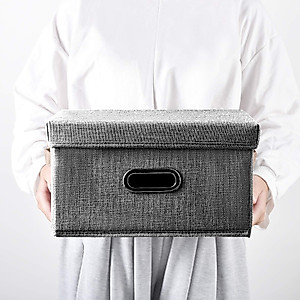 HONGKERNE Linen Fabric Storage Bin with Lid[1-Pack] Foldable Storage Box Organizer Storage Basket with Lid Closet Storage Bins for Clothes Storage Containers for Bedroom Office Home (Gray, Small)