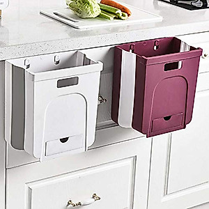 Cuteam Kitchen Wall-Mounted Folding Trash Can, Kitchen Drawer Hanging Collapsible Garbage Waste Bin Storage Cabinet Trash Can White 9.64" x 6.69" x 10.43"