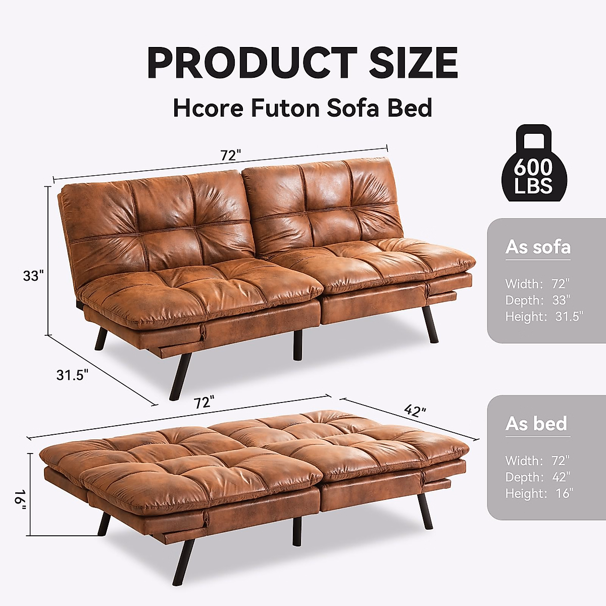 Hcore Convertible Futon Sofa Couch,3” Memory Foam Splitback Sofa,Brown Faux Leather Memory Foam Loveseat,Small Euro Lounger Sofa for Compact Living Spaces,Apartment,Studio,Office/Cushion Thickening