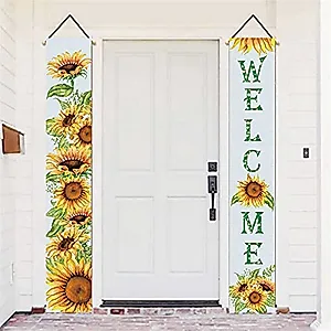 KYMY Sunflower Summer Banners,Welcome Summer Porch Sign,Sunflower Hanging Banners,Sunflower Welcome Porch Banners for Hawaii Party,Front Door Sign Decoration,Summer Party Supplies for Indoor Outdoor