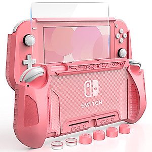 HEYSTOP Case Compatible with Nintendo Switch Lite, with Tempered Glass Screen Protector and 6 Thumb Grip, TPU Protective Cover for Switch Lite with Anti-Scratch/Anti-Dust (Pink)