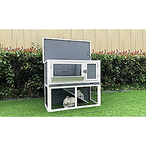 Hanover Outdoor Wooden 2-Story Rabbit Hutch with Ramp, Wire Mesh Run, Cage, Waterproof Roof, Removable Tray - HANRH0103-GRY