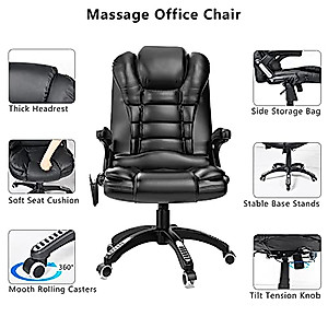 Ergonomic Massage Office Chair with Heated, Faux Leather High Back Executive 6 Pointed Vibrating Computer Gaming Chair with Lumbar Support, Adjustable Back Recline Swivel 360° Desk Chair, Black