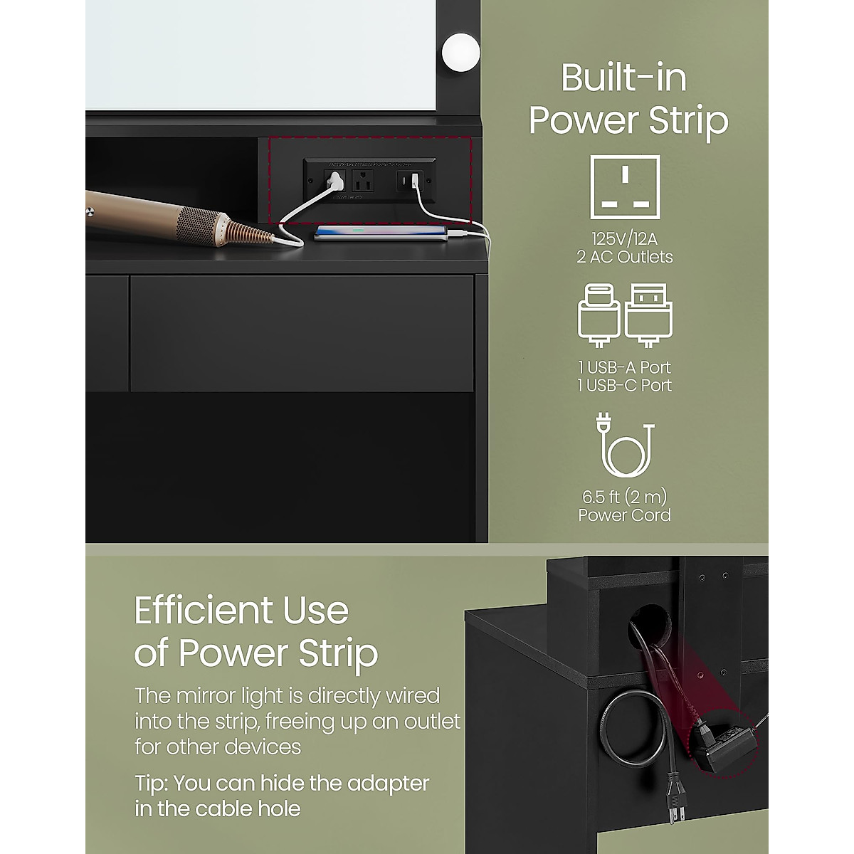 VASAGLE Vanity Desk with Power Outlets, Makeup Vanity with Mirror and Lights, with Upholstered Vanity Stool, 9 Dimmable LED Lights, 2 Compartments, 2 Drawers, for Bedroom, Ink Black URDT029B01