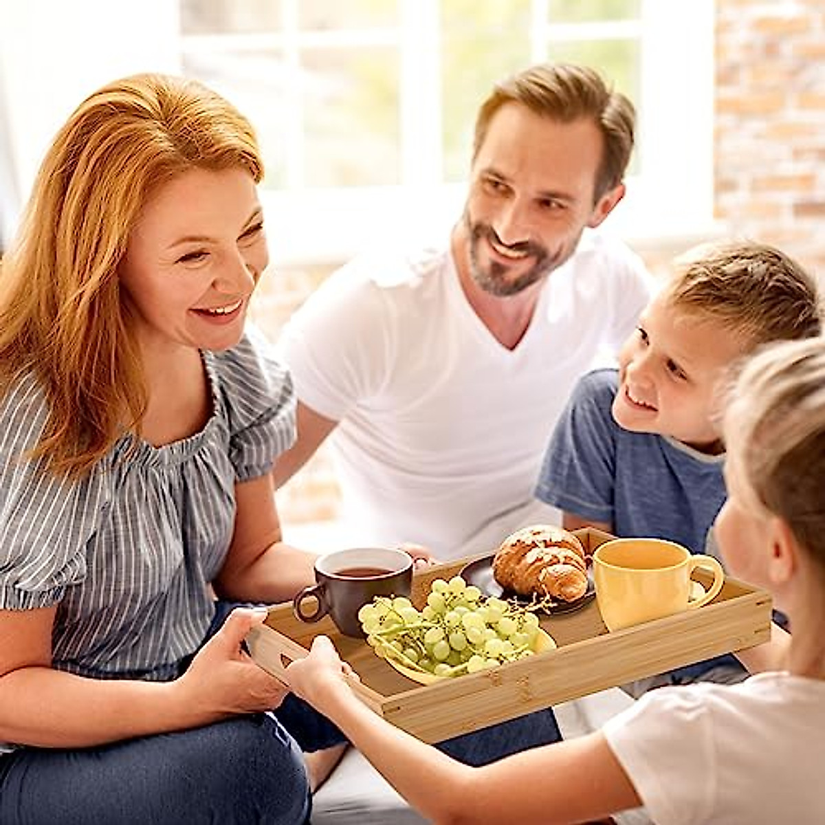 Sgigiul Bamboo Dinner Food Trays for Eating On Couch Party Platters for Serving Food Decorative Tray for Kitchen Counter Rectangle(15.74" Lx11.2”W and 14.76”Lx10.23”W)