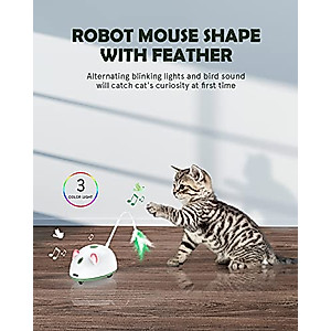 Bumfey 4-in-1 Automatic Cat Mice Toys for Indoor Cats, Interactive Electric Moving Cat Toys with Feather, LED Lights, Bird Sound, Laser, Smart Kitten Toys for Pet Exercise Playing