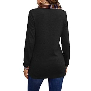 Bluetime Women's Long Sleeve Button Lapel Pullover Tunic Swing Sweatshirt Khaki Plaid L