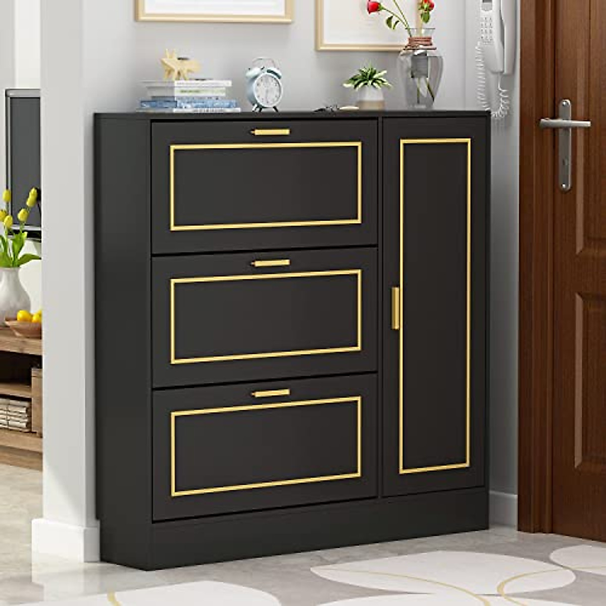 FUFU&GAGA Shoe Cabinet with 3 Flip Drawers & 1 Storage Cabinet, Modern Shoe Storage Cabinet for Entryway, Freestanding Shoe Rack Storage Organizer (Black, 47.2”W x 9.5”D x 47.2”H)